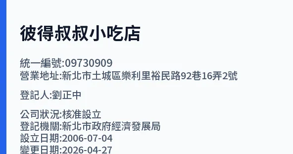 彼得叔叔小吃店的照片-統編 09730909(新北市) 公司登記資料與營業項目詳細圖表
