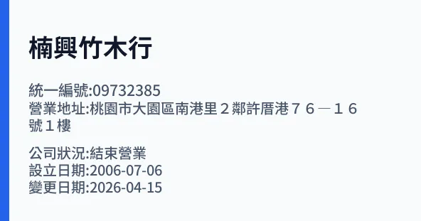 楠興竹木行的照片-統編 09732385(桃園市) 公司登記資料與營業項目詳細圖表