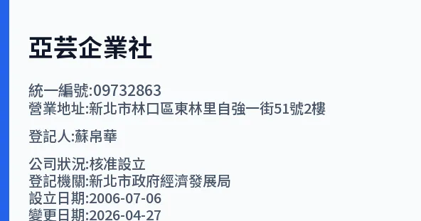 亞芸企業社的照片-統編 09732863(新北市) 公司登記資料與營業項目詳細圖表