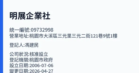 明展企業社的照片-統編 09732998(桃園市) 公司登記資料與營業項目詳細圖表