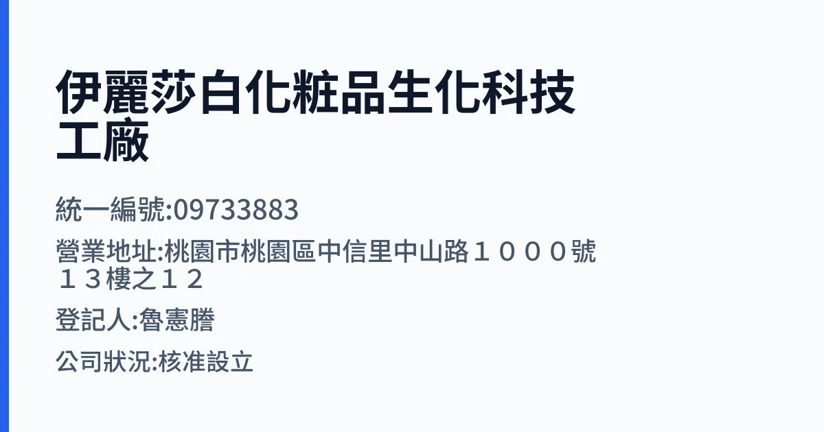 伊麗莎白化粧品生化科技工廠 - 統編 09733883(桃園市) 公司登記資料與營業項目詳細圖表