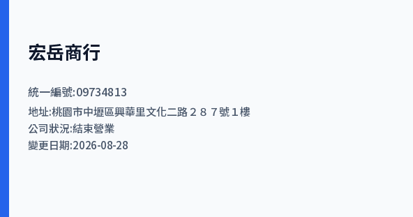 宏岳商行的照片-統編 09734813(桃園市) 公司登記資料與營業項目詳細圖表