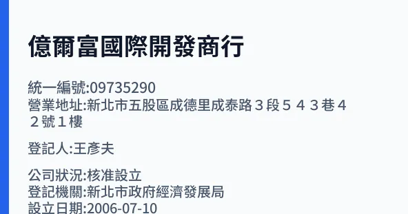 億爾富國際開發商行的照片-統編 09735290(新北市) 公司登記資料與營業項目詳細圖表
