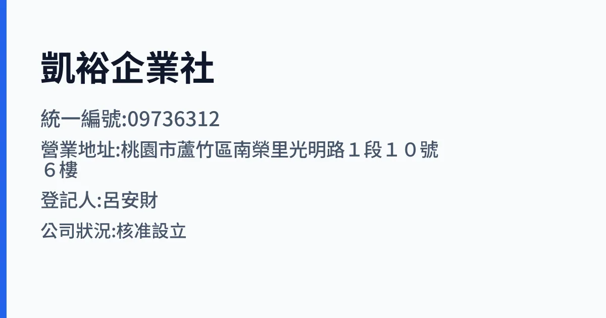 凱裕企業社 - 統編 09736312(桃園市) 公司登記資料與營業項目詳細圖表