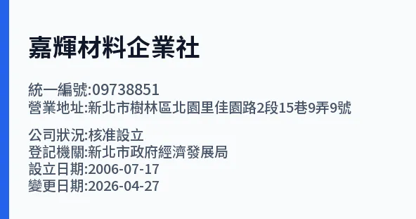 嘉輝材料企業社的照片-統編 09738851(新北市) 公司登記資料與營業項目詳細圖表