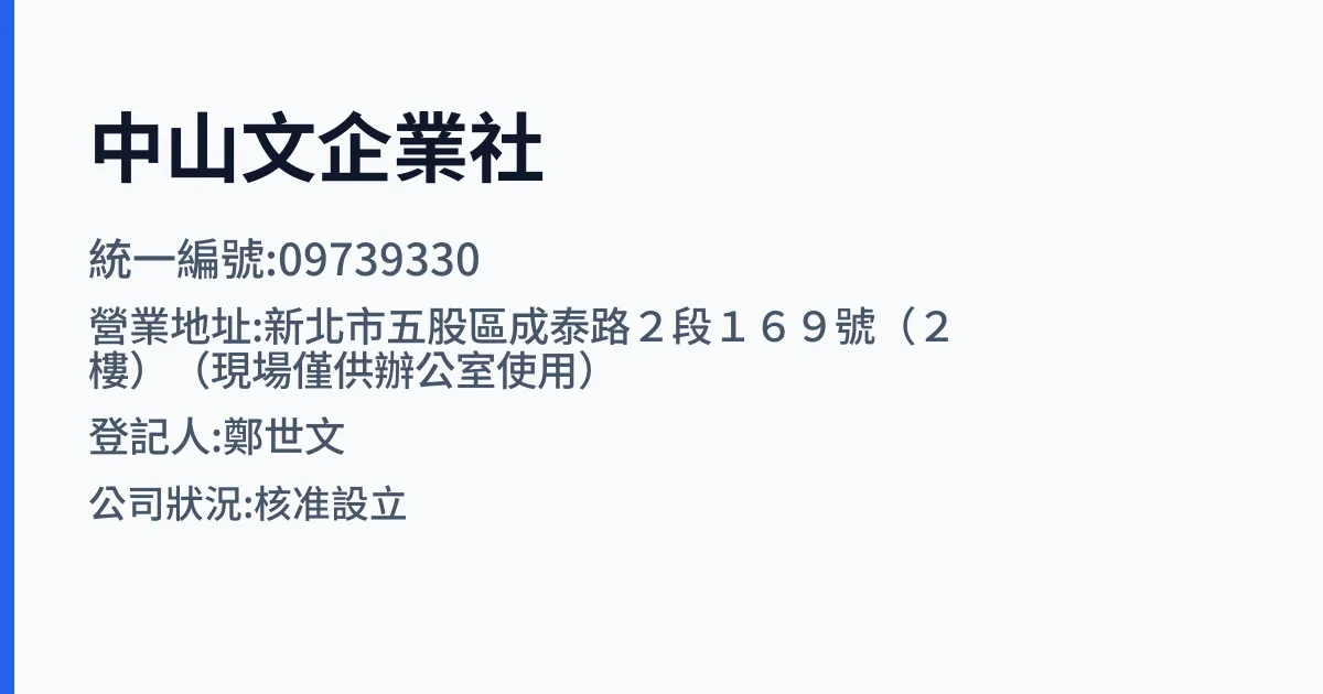 中山文企業社 - 統編 09739330（新北市） 公司登記資料與營業項目詳細圖表