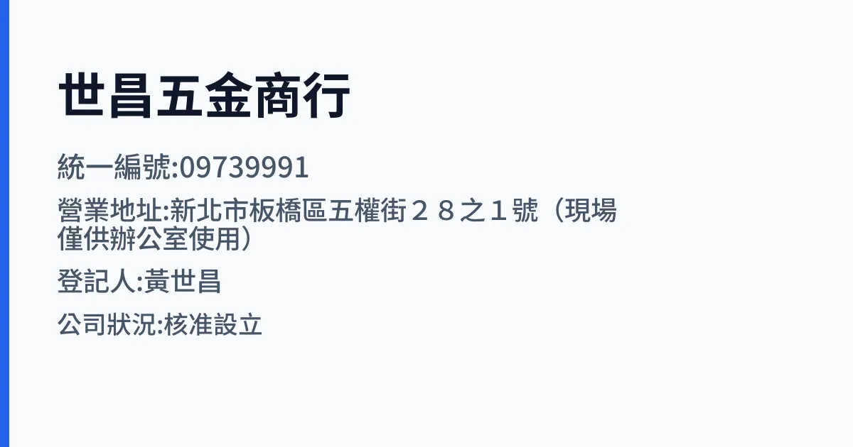 世昌五金商行 - 統編 09739991(新北市) 公司登記資料與營業項目詳細圖表