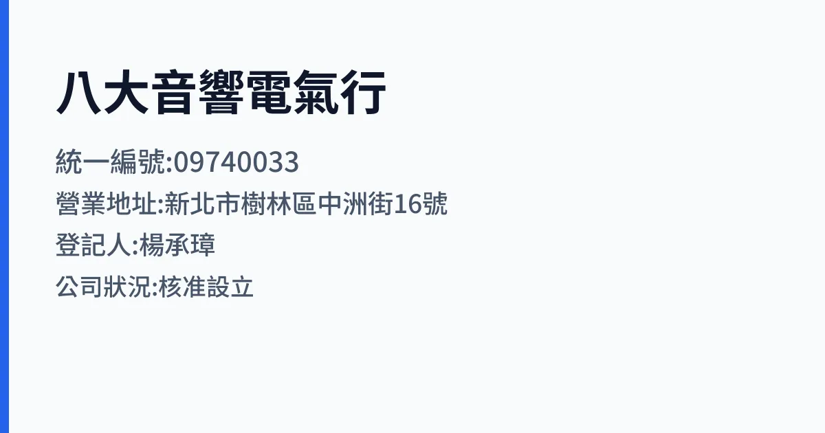 八大音響電氣行 - 統編 09740033(新北市) 公司登記資料與營業項目詳細圖表