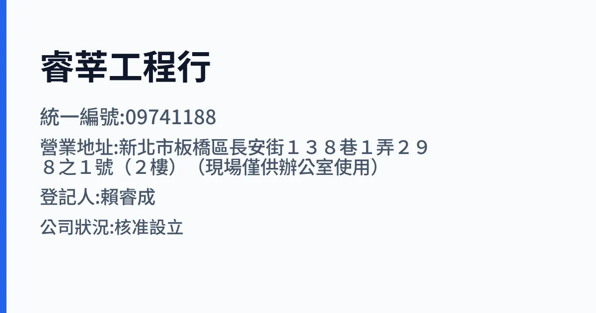 睿莘工程行 - 統編 09741188(新北市) 公司登記資料與營業項目詳細圖表