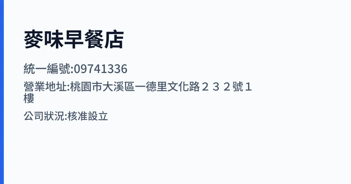 麥味早餐店 - 統編 09741336(桃園市) 公司登記資料與營業項目詳細圖表