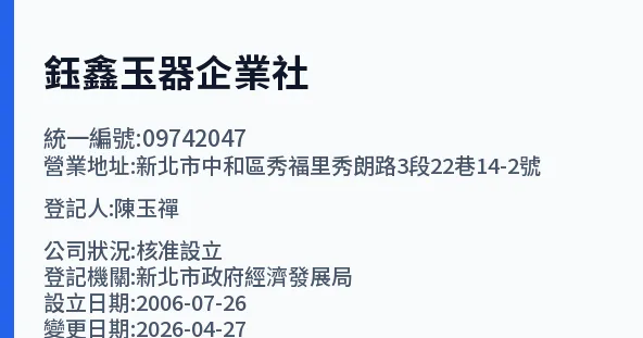 鈺鑫玉器企業社的照片-統編 09742047(新北市) 公司登記資料與營業項目詳細圖表