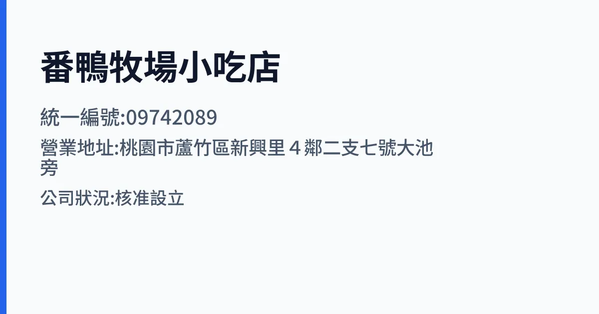 番鴨牧場小吃店 - 統編 09742089(桃園市) 公司登記資料與營業項目詳細圖表