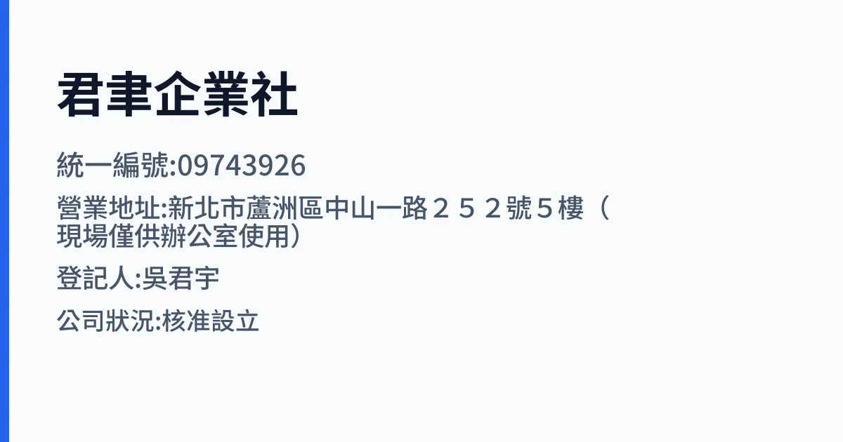 君聿企業社 - 統編 09743926(新北市) 公司登記資料與營業項目詳細圖表