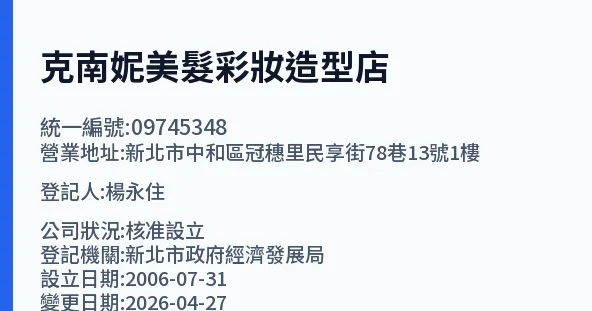克南妮美髮彩妝造型店的照片-統編 09745348(新北市) 公司登記資料與營業項目詳細圖表