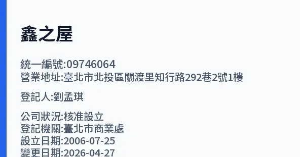 鑫之屋的照片-統編 09746064(臺北市) 公司登記資料與營業項目詳細圖表