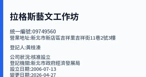 拉格斯藝文工作坊的照片-統編 09749560(新北市) 公司登記資料與營業項目詳細圖表