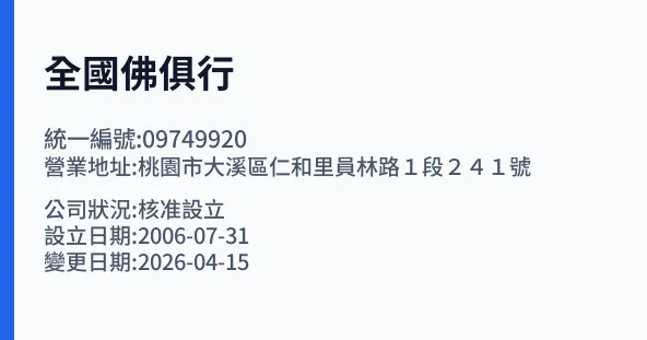 全國佛俱行的照片-統編 09749920(桃園市) 公司登記資料與營業項目詳細圖表