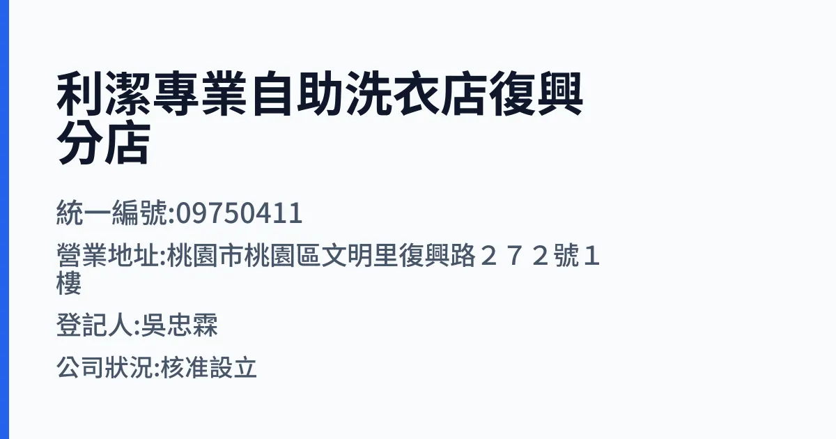 利潔專業自助洗衣店復興分店 - 統編 09750411(桃園市) 公司登記資料與營業項目詳細圖表
