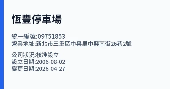 恆豐停車場的照片-統編 09751853(新北市) 公司登記資料與營業項目詳細圖表
