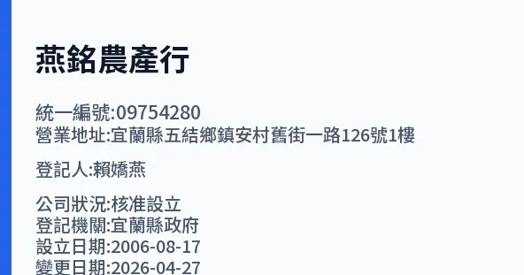 燕銘農產行的照片-統編 09754280(宜蘭縣) 公司登記資料與營業項目詳細圖表