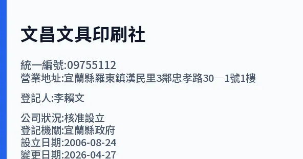 文昌文具印刷社的照片-統編 09755112(宜蘭縣) 公司登記資料與營業項目詳細圖表