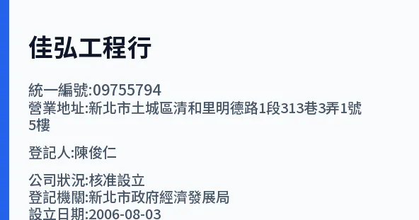 佳弘工程行的照片-統編 09755794(新北市) 公司登記資料與營業項目詳細圖表
