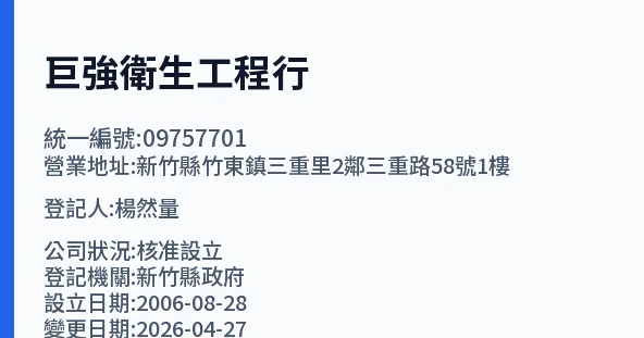 巨強衛生工程行的照片-統編 09757701(新竹縣) 公司登記資料與營業項目詳細圖表