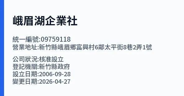 峨眉湖企業社的照片-統編 09759118(新竹縣) 公司登記資料與營業項目詳細圖表