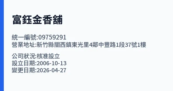 富鈺金香舖的照片-統編 09759291(新竹縣) 公司登記資料與營業項目詳細圖表