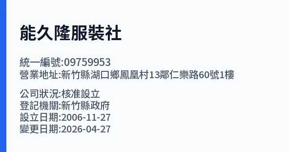 能久隆服裝社的照片-統編 09759953(新竹縣) 公司登記資料與營業項目詳細圖表