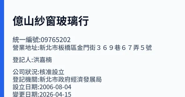 億山紗窗玻璃行的照片-統編 09765202(新北市) 公司登記資料與營業項目詳細圖表