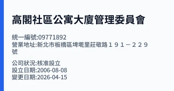 高閣社區公寓大廈管理委員會的照片-統編 09771892(新北市) 公司登記資料與營業項目詳細圖表