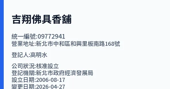 吉翔佛具香舖的照片-統編 09772941(新北市) 公司登記資料與營業項目詳細圖表