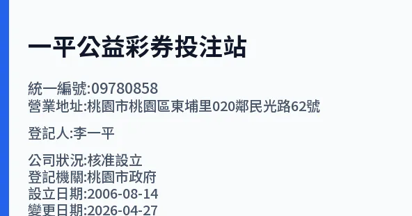 一平公益彩券投注站的照片-統編 09780858(桃園市) 公司登記資料與營業項目詳細圖表
