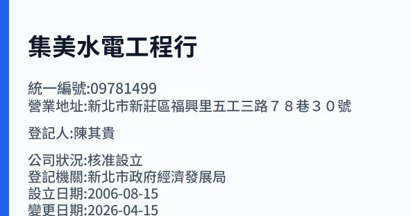 集美水電工程行的照片-統編 09781499(新北市) 公司登記資料與營業項目詳細圖表