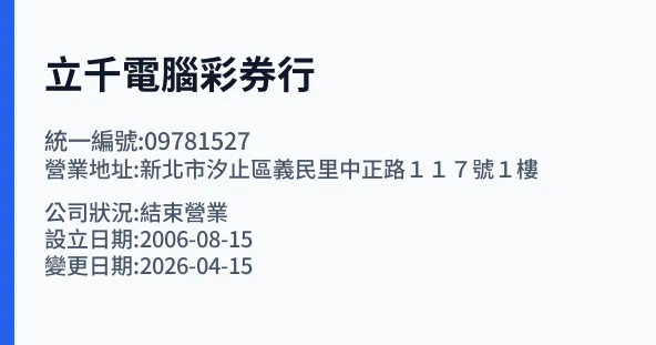 立千電腦彩券行的照片-統編 09781527(新北市) 公司登記資料與營業項目詳細圖表