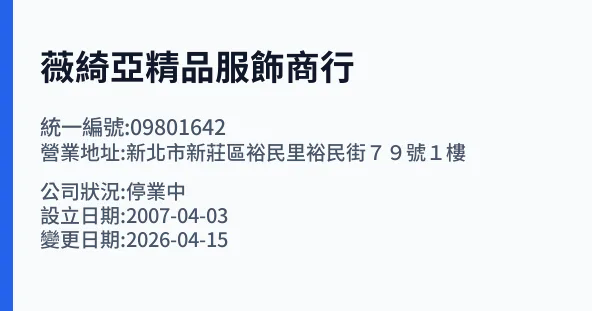 薇綺亞精品服飾商行的照片-統編 09801642(新北市) 公司登記資料與營業項目詳細圖表