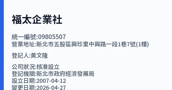 福太企業社的照片-統編 09805507(新北市) 公司登記資料與營業項目詳細圖表