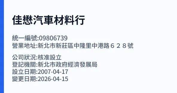 佳懋汽車材料行的照片-統編 09806739(新北市) 公司登記資料與營業項目詳細圖表