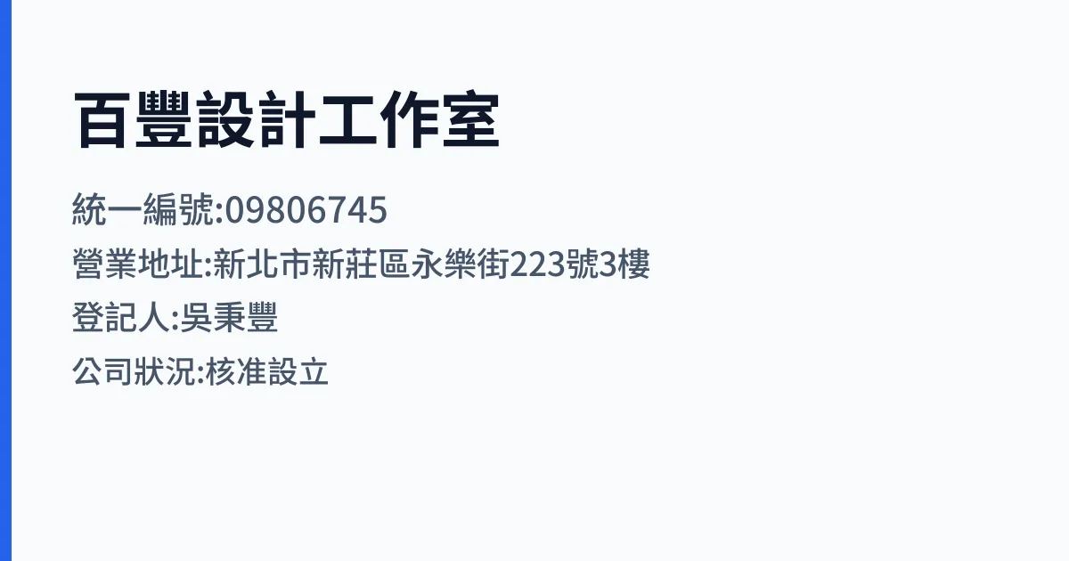 百豐設計工作室 - 統編 09806745(新北市) 公司登記資料與營業項目詳細圖表