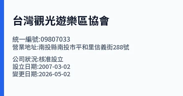 台灣觀光遊樂區協會的照片-統編 09807033(南投縣) 公司登記資料與營業項目詳細圖表