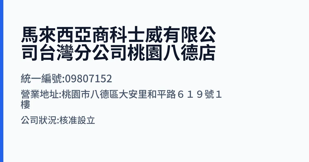馬來西亞商科士威有限公司台灣分公司桃園八德店 - 統編 09807152(桃園市) 公司登記資料與營業項目詳細圖表