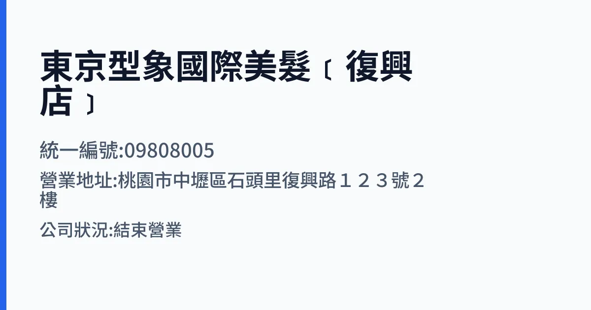 東京型象國際美髮﹝復興店﹞ - 統編 09808005(桃園市) 公司登記資料與營業項目詳細圖表