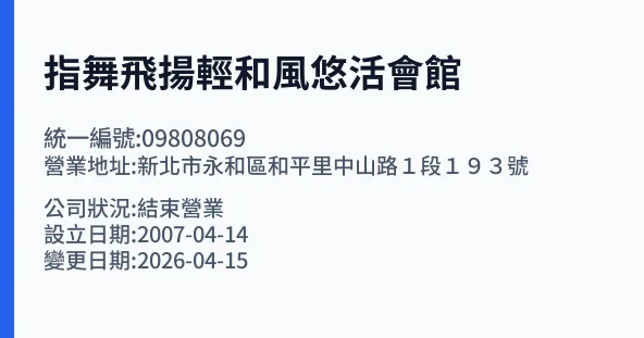 指舞飛揚輕和風悠活會館的照片-統編 09808069(新北市) 公司登記資料與營業項目詳細圖表