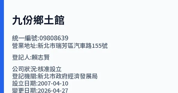 九份鄉土館的照片-統編 09808639(新北市) 公司登記資料與營業項目詳細圖表