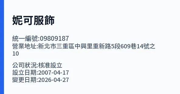妮可服飾的照片-統編 09809187(新北市) 公司登記資料與營業項目詳細圖表