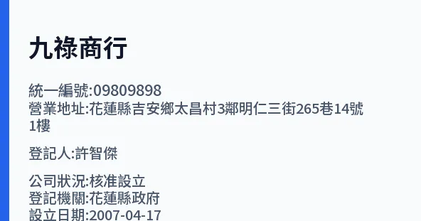 九祿商行的照片-統編 09809898(花蓮縣) 公司登記資料與營業項目詳細圖表