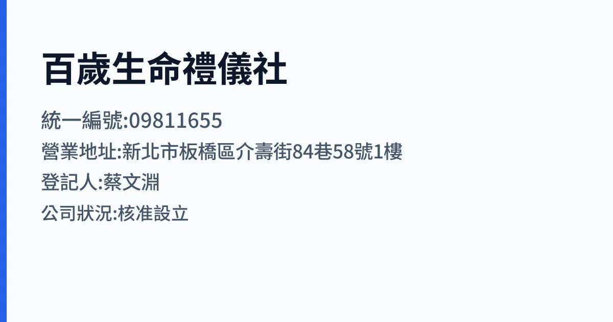 百歲生命禮儀社 - 統編 09811655(新北市) 公司登記資料與營業項目詳細圖表