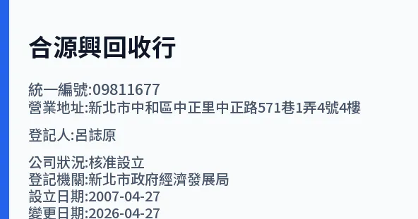 合源興回收行的照片-統編 09811677(新北市) 公司登記資料與營業項目詳細圖表