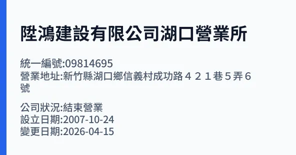 陞鴻建設有限公司湖口營業所的照片-統編 09814695(新竹縣) 公司登記資料與營業項目詳細圖表